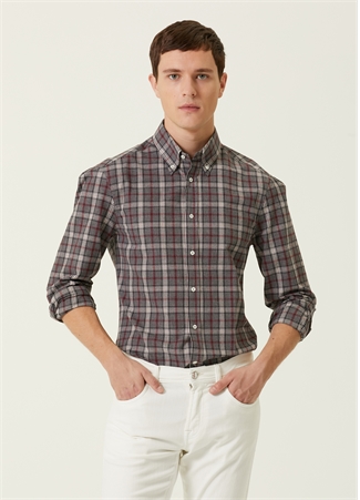 Brunello Cucinelli Erkek Gri Düğmeli Yaka Ekoseli Gömlek S EU