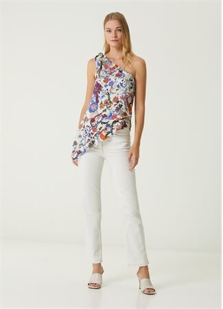Beymen Collection Kadın Tek Omuzlu Çiçekli Asimetrik Bluz Mavi 40