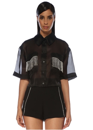 Forte Couture Kadın Siyah Taş Püsküllü Kısa Kol Gömlek 44 IT