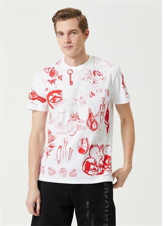 Alexander McQueen Erkek Beyaz Bisiklet Yaka Baskılı T-shirt Kırmızı S EU