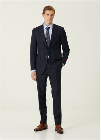 Isaia Erkek Lacivert Çizgi Desenli Yün Takım Elbise 54 IT