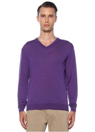 Luciano Barbera Erkek Mor V Yaka Yün Kazak 54 IT
