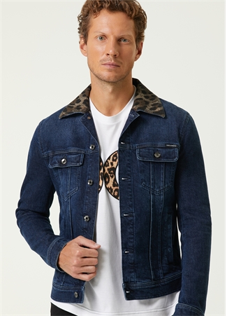 Dolce&Gabbana Erkek Mavi Yakası Leopar Desenli Denim Ceket 48 IT Dolce&Gabbana Erkek Mavi Yakası Leopar Desenli Denim Ceket 48 IT