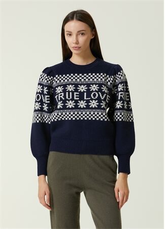 Sandro Kadın Lacivert Jakarlı Balon Kol Yün Kazak 0 US