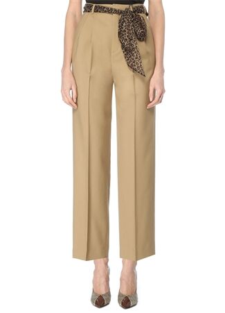 Kadın Bej Beli Kuşaklı Pilili Yün Pantolon 38 IT