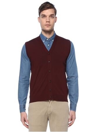 Kiton Erkek Bordo V Yaka Yün Yelek L EU