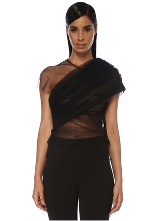 Khaite Kadın Gianna Siyah Drapeli Tül Bluz 2 US