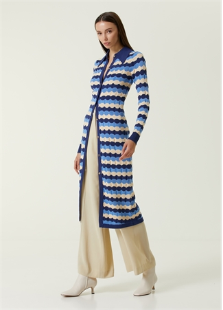 Dodo Bar Or Kadın Mavi Gömlek Yaka Desenli Uzun Triko 40 IT Dodo Bar Or Kadın Mavi Gömlek Yaka Desenli Uzun Triko 40 IT