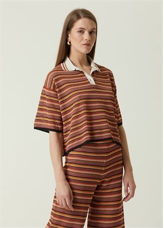 Beymen Club Kadın Polo Yaka Simli Çizgili Kısa Kol Kazak S