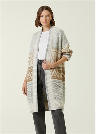 Brunello Cucinelli Kadın Gri Bej Jakarlı Uzun Hırka Beyaz S EU