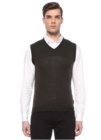 Palzileri Lab Erkek Haki V Yaka Kolsuz Yün Triko Yeşil 46 IT