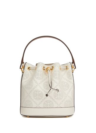 Tory Burch Kadın Beyaz Logo Detaylı Ağzı Büzgülü Deri Çanta Bej EU