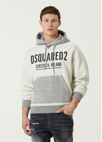Dsquared2 Erkek Beyaz Gri Kapüşonlu Logolu Sweatshirt S EU