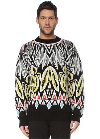 Jet Set Erkek Siyah Bisiklet Yaka Desenli Yün Kazak M EU