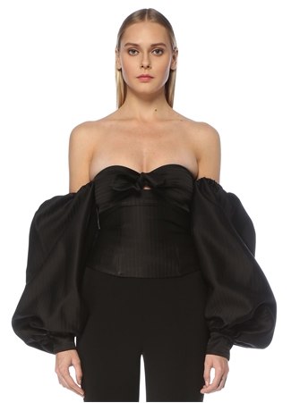 The Attico Kadın Self Tie Kol Detaylı Cropped Bluz Siyah 38 IT