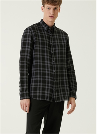 Beymen Collection Erkek Comfort Fit Gri Düğmeli Yaka Ekoseli Keten Gömlek M EU