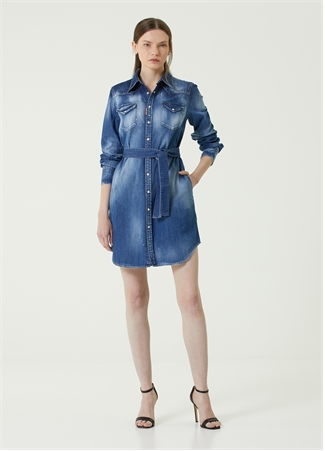Dsquared2 Kadın Beli Kuşaklı Mini Jean Gömlek Elbise Mavi 44 IT Dsquared2 Kadın Beli Kuşaklı Mini Jean Gömlek Elbise Mavi 44 IT