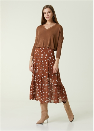 Beymen Club Kadın Kahverengi Beyaz Puantiyeli Midi Etek Kırmızı 42