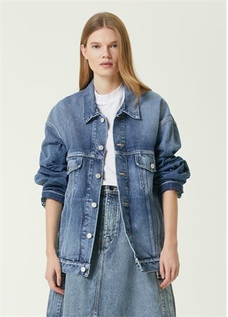 Balenciaga Kadın Mavi Slogan Detaylı Denim Ceket 34 IT