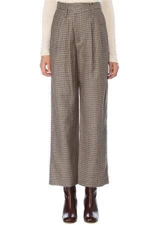 Brunello Cucinelli Kadın Kazayağı Desenli Bol Kesim Keten Pantolon Kahverengi 36 IT