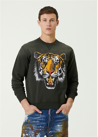 Dsquared2 Erkek Haki Kaplan Baskılı Sweatshirt S EU Dsquared2 Erkek Haki Kaplan Baskılı Sweatshirt S EU