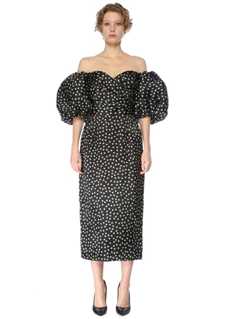 Rasario Kadın Siyah Düşük Omuzlu Midi Organza Kokteyl Elbise 38 IT