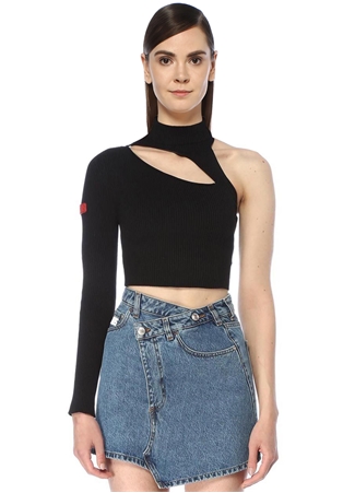 Gcds Kadın Siyah Dik Yaka Asimetrik Kesim Triko S EU
