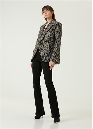 Balmain Kadın Siyah Krem Desenli Kruvaze Yün Ceket 38 FR