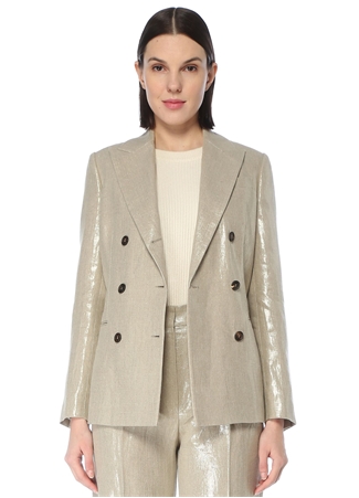 Brunello Cucinelli Kadın Bej Kırlangıç Yaka Kruvaze Keten Ceket 36 IT