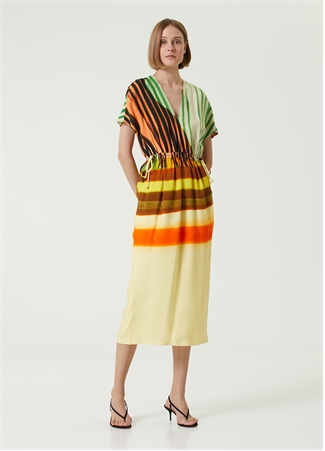 Dries Van Noten Kadın V Yaka Çizgili Beli Büzgülü Midi Elbise Sarı 40 FR