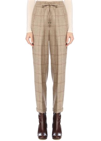Kiton Kadın Bej Ekose Desenli Yün Pantolon 42 IT
