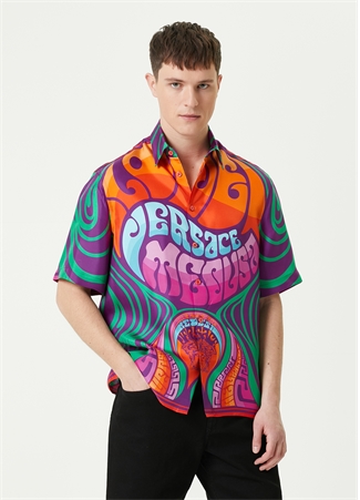 Versace Erkek Mor Logo Desenli Kısa Kollu İpek Gömlek 48 IT