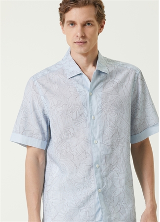 Zegna Erkek Mavi Yaprak Desenli Keten Gömlek XL EU Zegna Erkek Mavi Yaprak Desenli Keten Gömlek XL EU