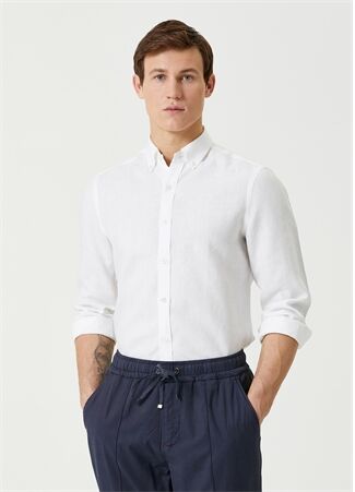 Isaia Erkek Beyaz Keten Gömlek 39 IT