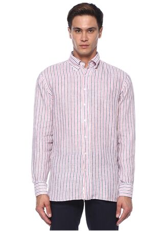 Lardini Erkek Pembe Mavi Polo Yaka Çizgi Desenli Keten Gömlek 43 EU