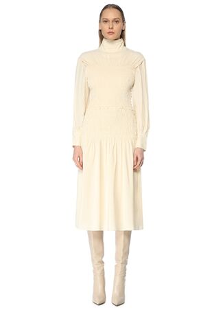 Proenza Schouler Kadın Ekru Dik Yaka Büzgülü Sırt Detaylı Midi Elbise Bej 2 US