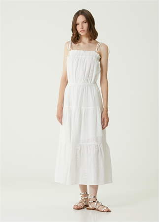 Lost+Wander Kadın Beyaz Kare Yaka Nakışlı Midi Elbise S EU