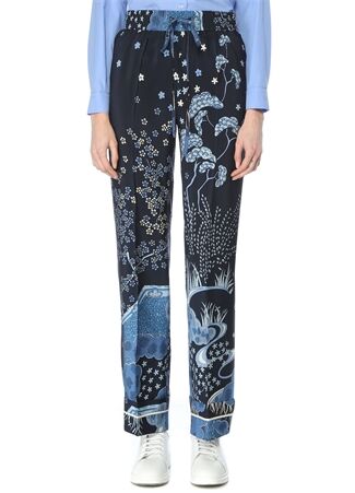Red Valentino Kadın Lacivert Çiçekli İpek Pantolon Mavi 38 IT