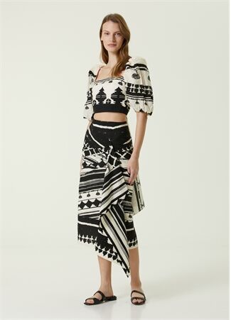 Johanna Ortiz Kadın Siyah Beyaz Desenli Organik Pamuk Midi Etek 2 US