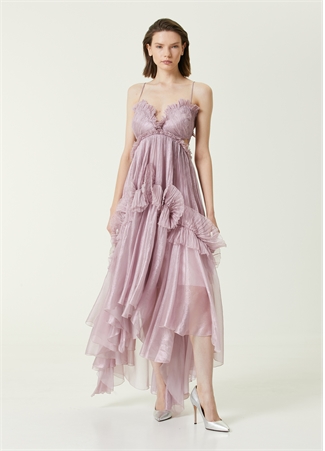 Maria Lucia Hohan Kadın Zahara Lila Fırfırlı Drapeli Midi İpek Abiye Elbis Mor 34 FR