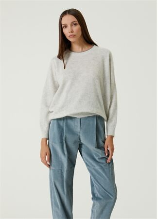 Brunello Cucinelli Kadın Gri Simli Yaka Detaylı Kazak S EU