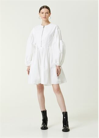 Alexander McQueen Kadın Beyaz Fermuarlı Balon Kol Mini Elbise 40 EU