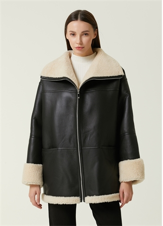 Toteme Kadın Siyah Ekru Shearling Detaylı Deri Kaban M/L EU Toteme Kadın Siyah Ekru Shearling Detaylı Deri Kaban M/L EU
