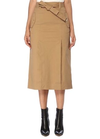 Maje Kadın Kamel Kuşaklı Yırtmaç Detaylı Midi Etek Kahverengi 36 FR