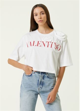Valentino Kadın Kırmızı Beyaz Logolu Çiçek Aplikeli T-shirt XS EU Valentino Kadın Kırmızı Beyaz Logolu Çiçek Aplikeli T-shirt XS EU