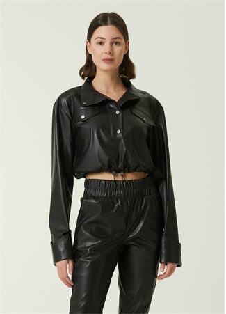 Mybestfriends Kadın Liz Siyah Dik Yaka Suni Deri Bluz M EU