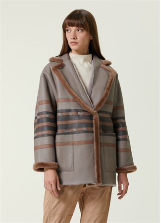 Blancha Kadın Gri Şeritli Deri Palto 42 IT Blancha Kadın Gri Şeritli Deri Palto 42 IT