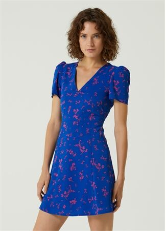 Beymen Club Kadın Mavi V Yaka Çiçekli Mini Elbise S EU