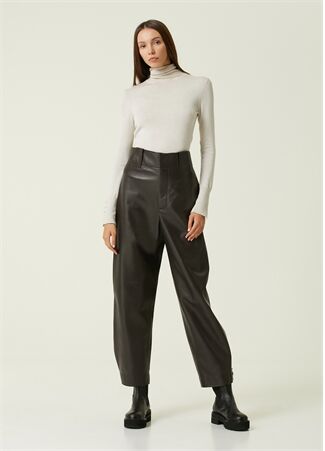 Bottega Veneta Kadın Kahverengi Yüksek Bel Deri Pantolon 38 IT