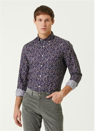 Isaia Erkek Mavi Bordo Düğmeli Yaka Çiçek Desenli Gömlek 4 IT